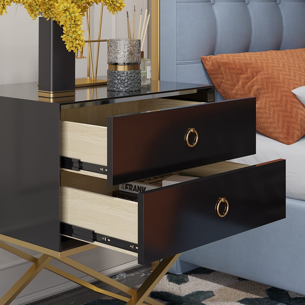 500mm Modern Black Bedside Table with 2 Drawers X-Shaped Pedestal ...