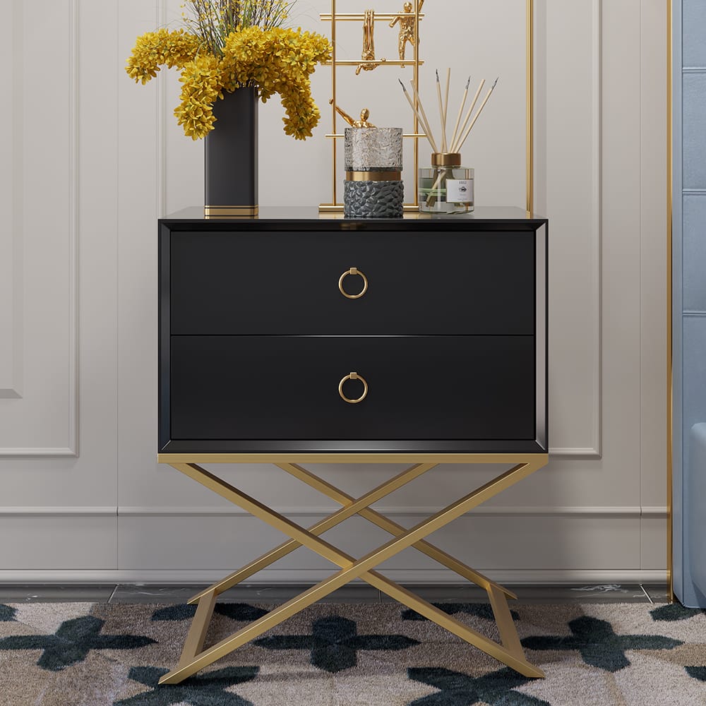500mm Modern Black Bedside Table with 2 Drawers X-Shaped Pedestal ...