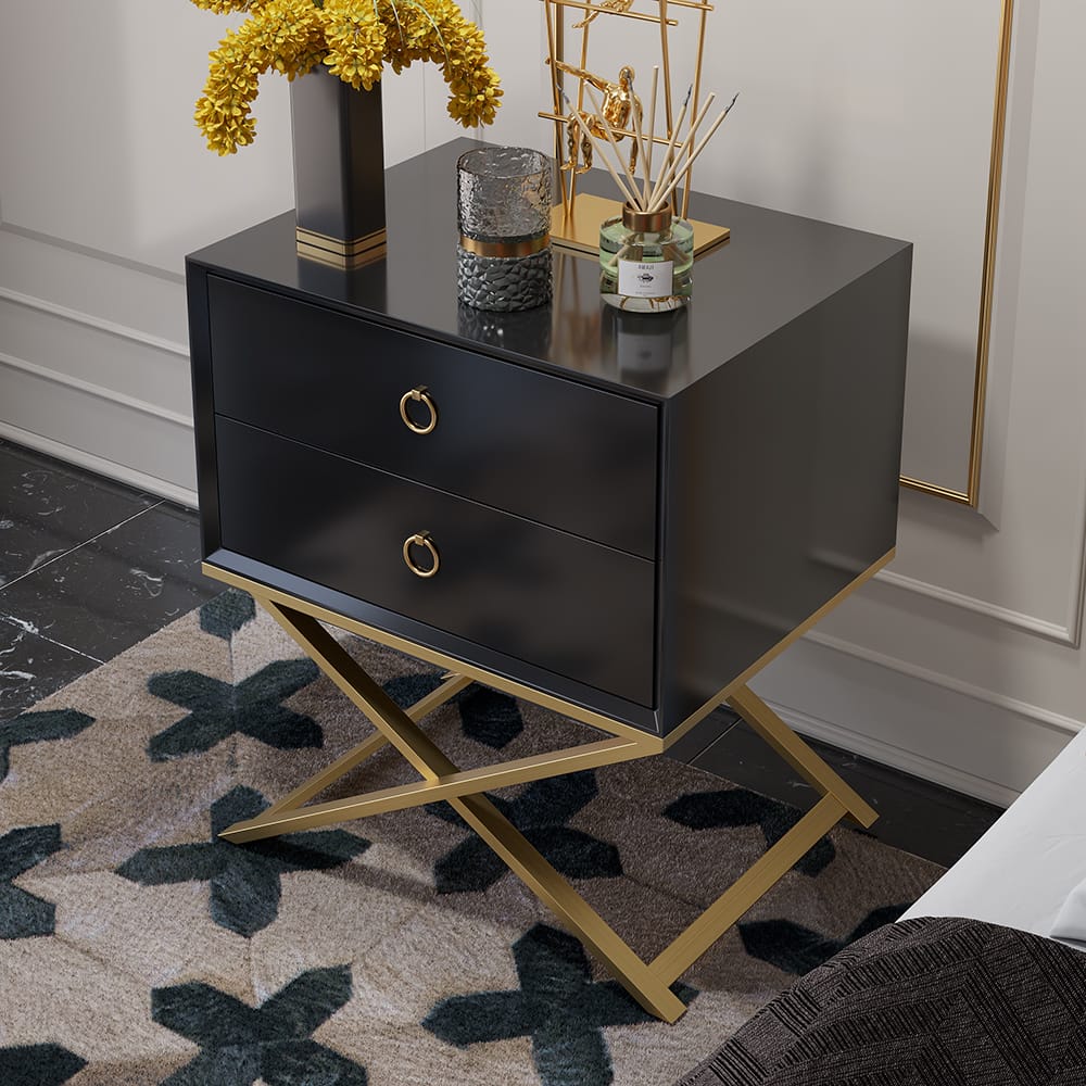 500mm Modern Black Bedside Table with 2 Drawers X-Shaped Pedestal ...