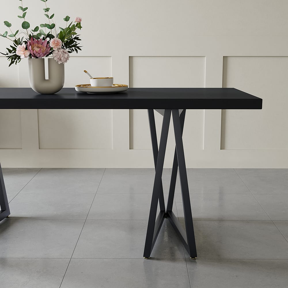 1600mm Rectangular Dining Table Black Solid Wood Table Top Square Metal ...