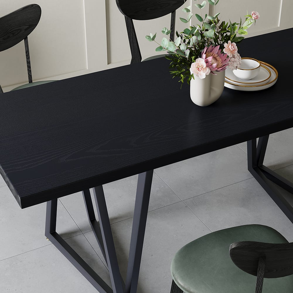 1600mm Rectangular Dining Table Black Solid Wood Table Top Square Metal ...