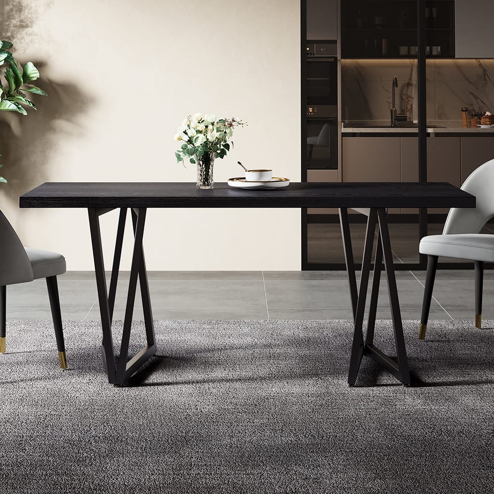 1600mm Rectangular Dining Table Black Solid Wood Table Top Square Metal ...