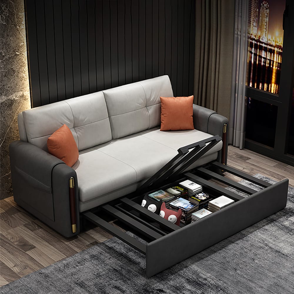 2050mm Modern Gray Convertible Full Sleeper Sofa Bed with Storage Leath ...