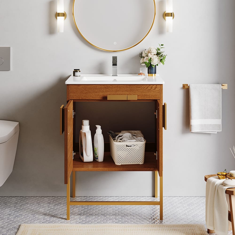 610mm Modern Freestanding Bathroom Vanity in Brown with Ceramic Vanity ...