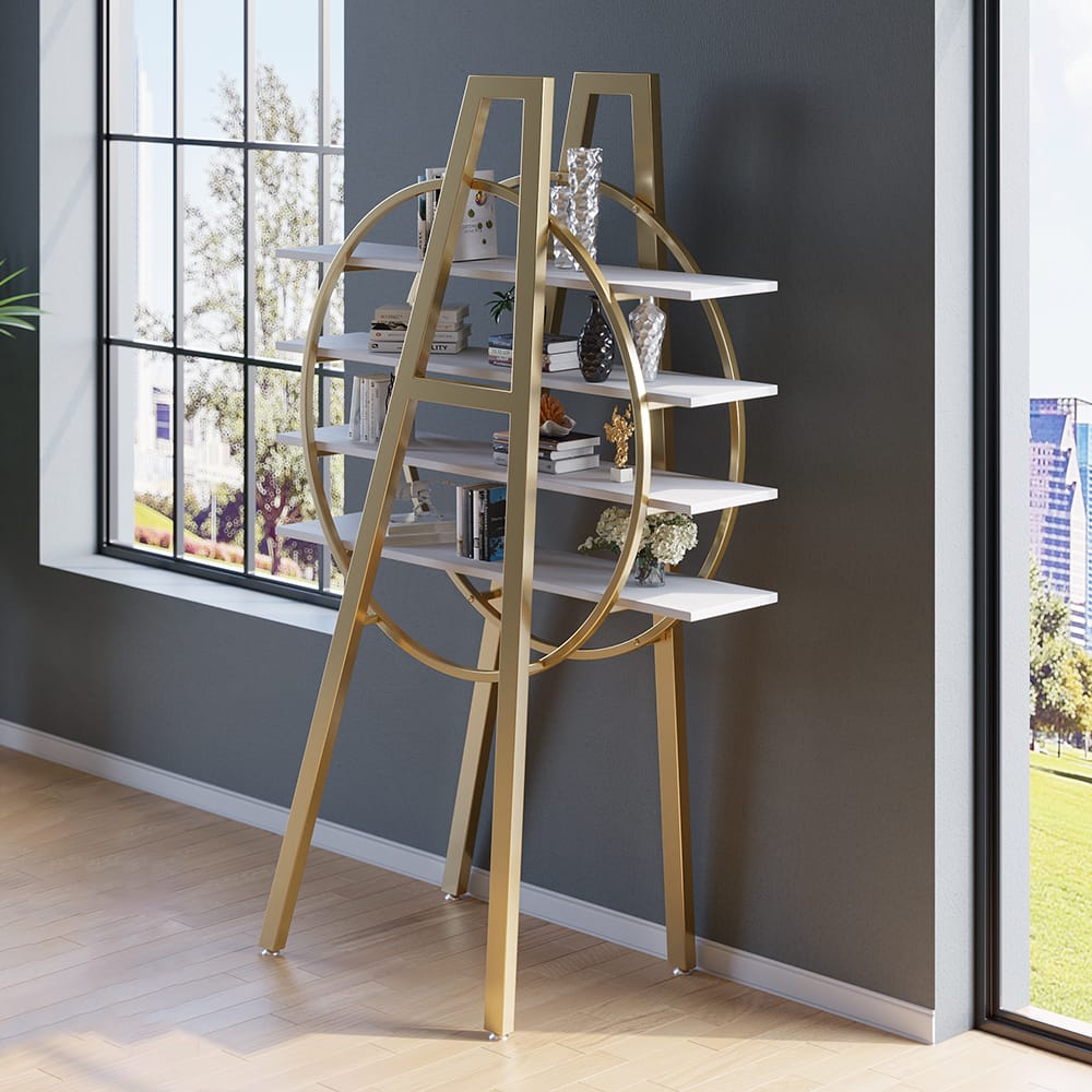 4-Tier Round Open Bookshelf White Display Shelf Gold Frame - Office ...