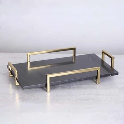 Modern Marble Desk Organiser Decor Tray with Handles Black-Homary