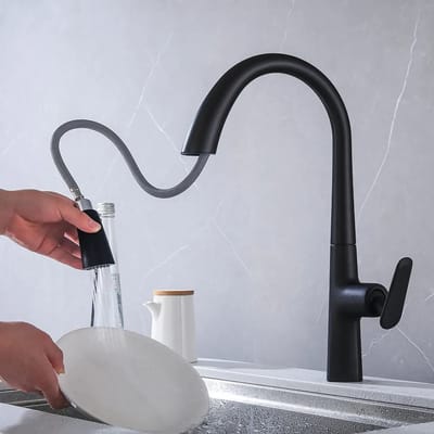 Matte Black Dual Function Pull-Out Kitchen Tap Solid Brass Monobloc ...