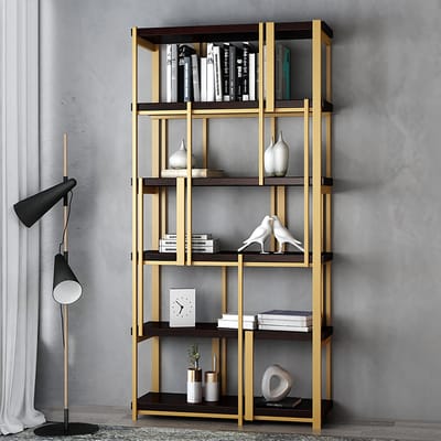 2000mm Black & Gold Modern Metal 5-Tier Standard Bookcase Freestanding ...
